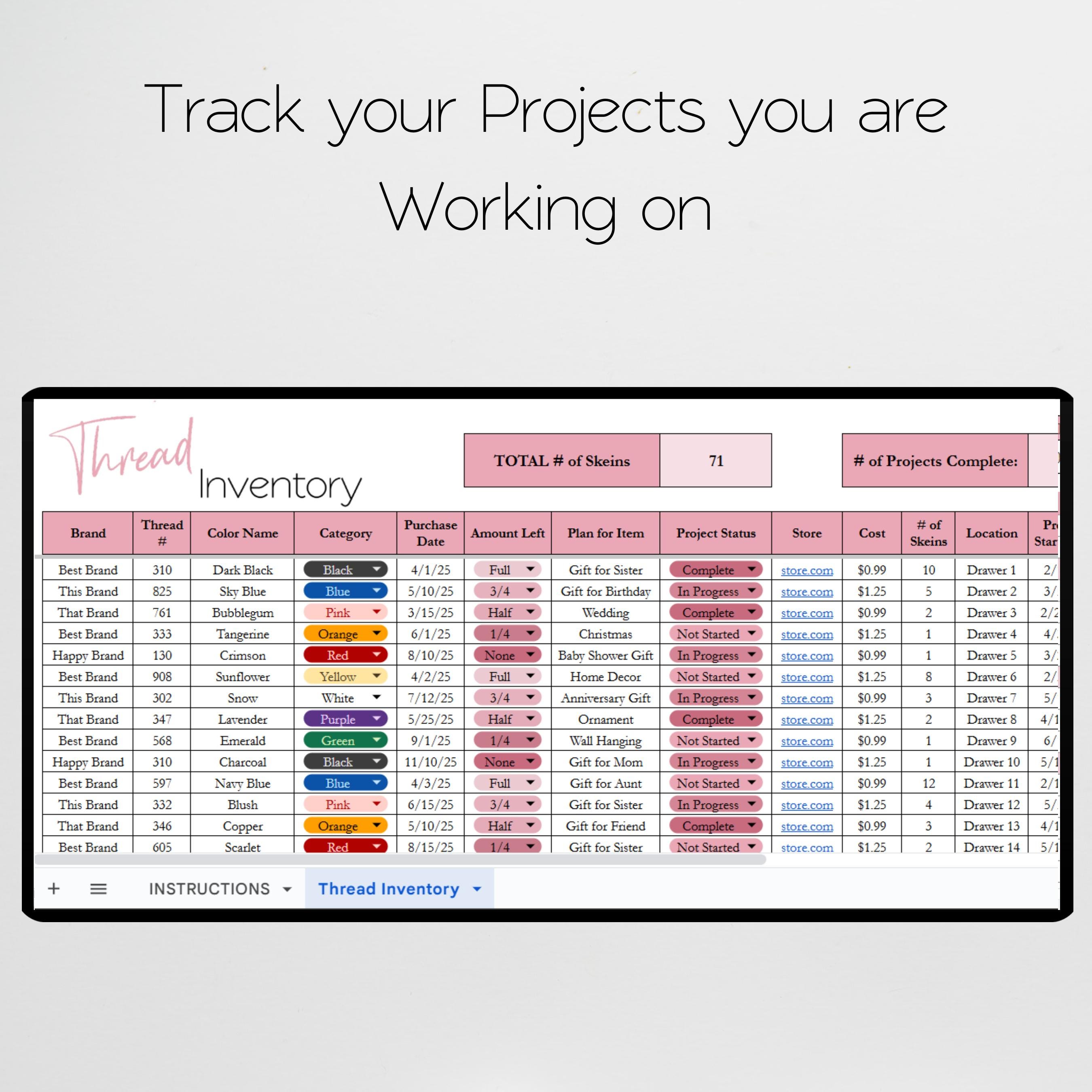 Thread Inventory Tracker Spreadsheet Template, Cross Stitch Thread ...