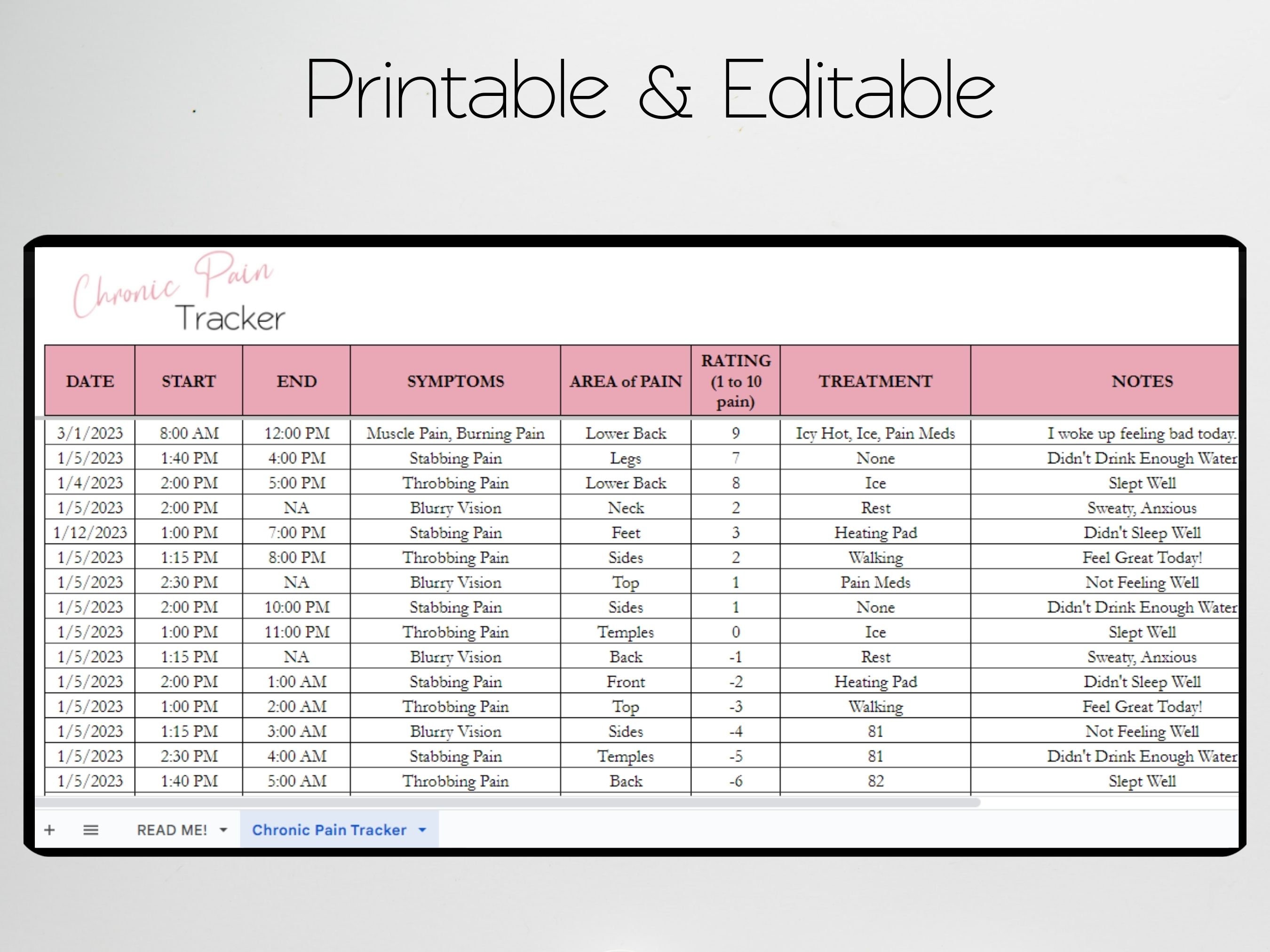 Chronic Pain Tracker Excel Spreadsheet, Chronic Pain Journal Template ...