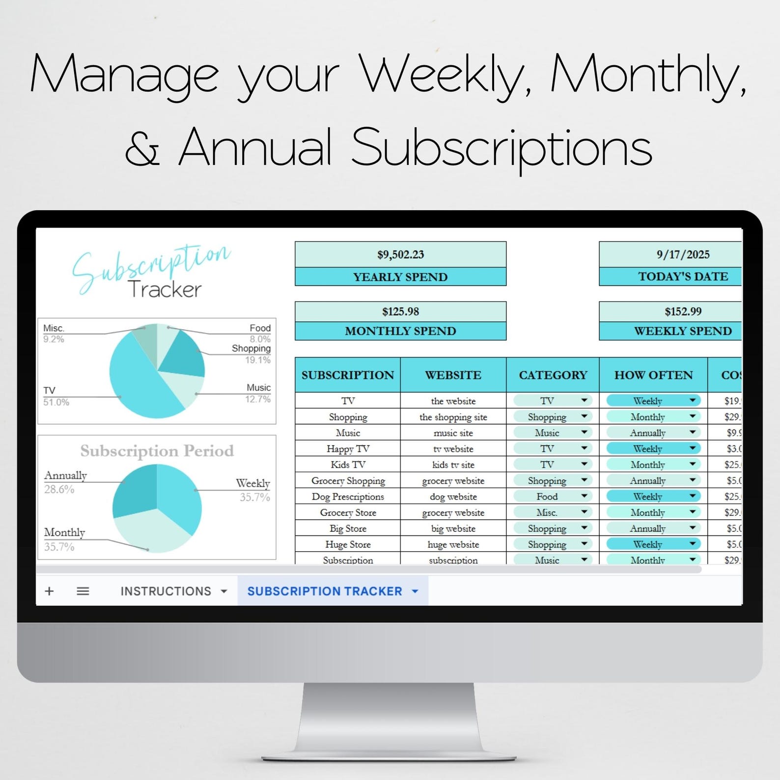 Subscription Tracker Excel Spreadsheet, Subscriptions Tracker Google ...