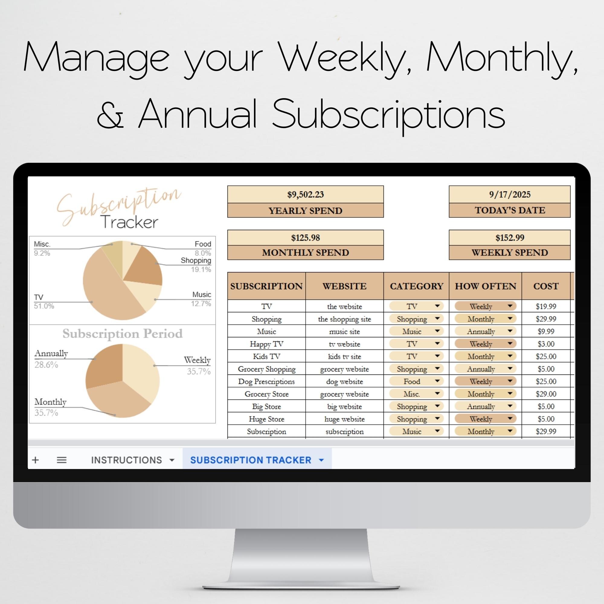 Monthly Subscription Tracker Google Sheets, Monthly Subscription ...
