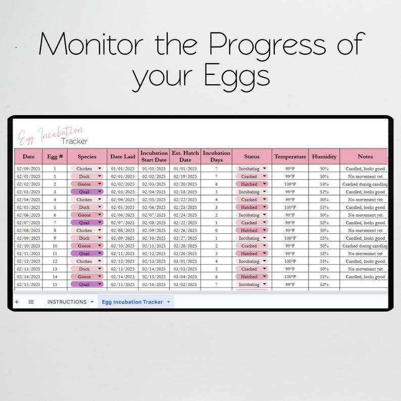 Egg Hatching Tracker, Egg Incubation Google Sheets, Homestead Template ...