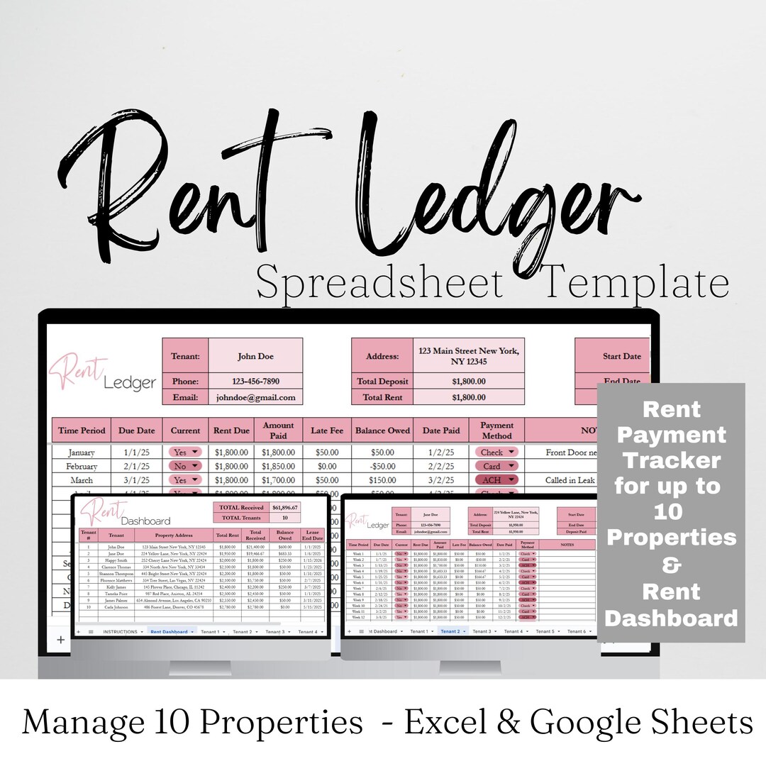 Rent Ledger Template, Landlord Spreadsheet Excel, Monthly Rent Payment ...