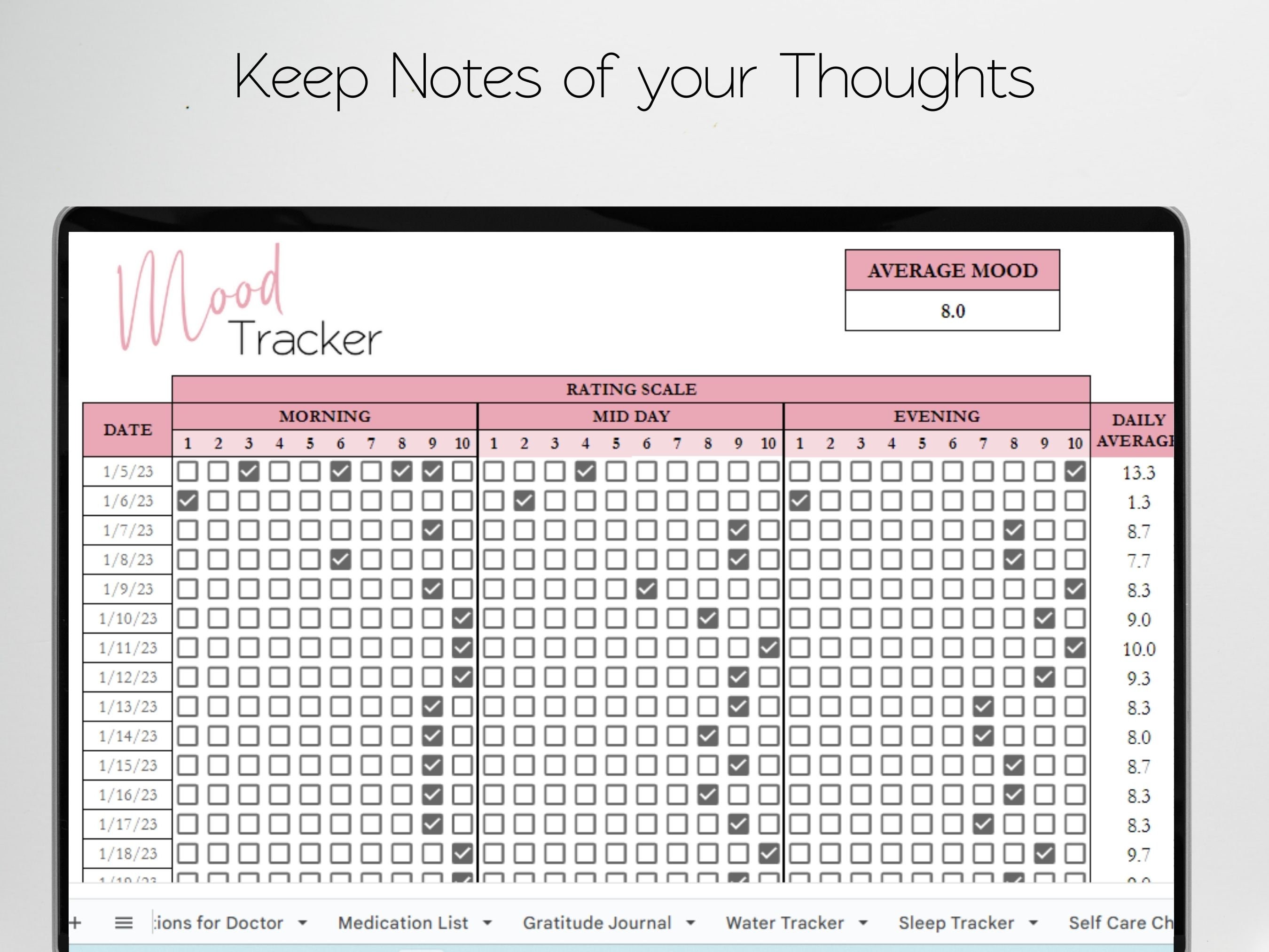 Mental Health Tracker Template Excel Spreadsheet Daily Self - Etsy UK