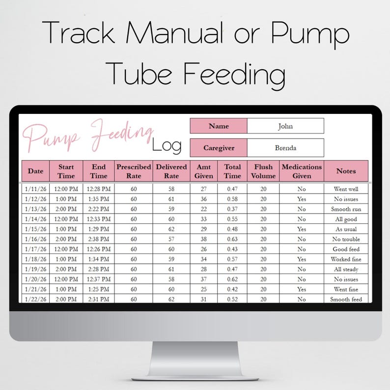 Tube Feeding Log Template Google Sheet, Jtube, G-tube, PEG Tube Tracker ...