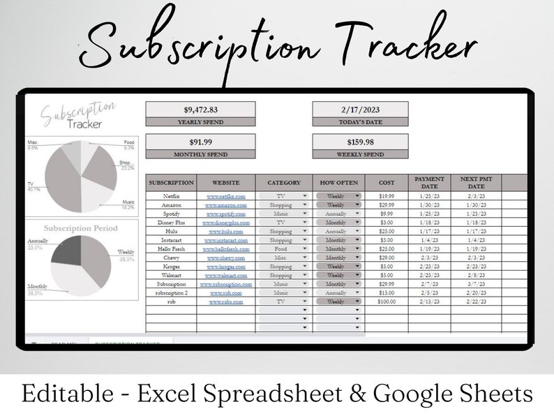 Subscriptions Tracker Excel Spreadsheet, Subscription Tracker Printable ...