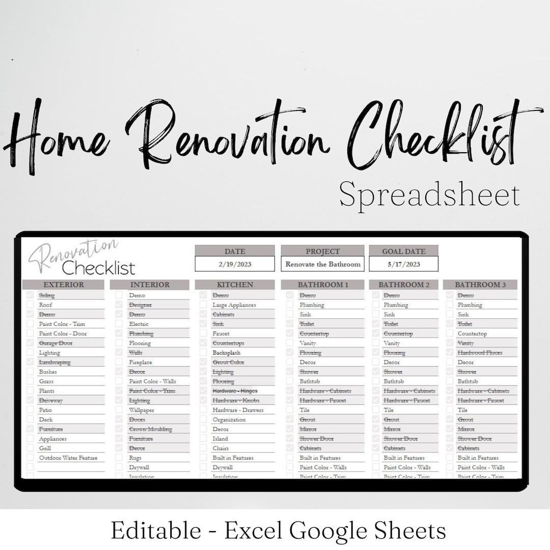Renovation Checklist, Home Renovation Spreadsheet, Home Remodel ...