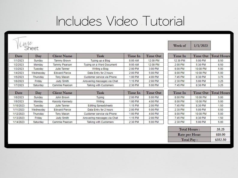 Time Sheet Tracker Employee Time Tracker Weekly Time Sheet - Etsy