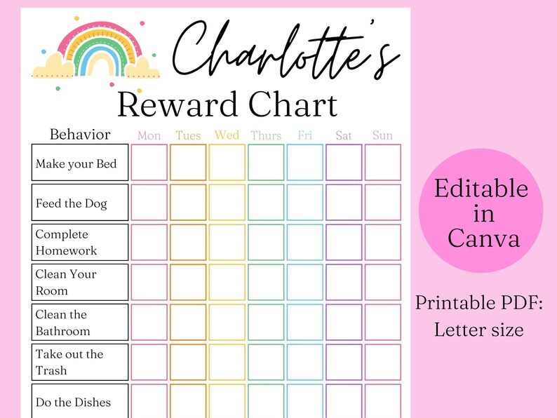 Reward Chart for Kids Printable, Editable in Canva, Sticker Chart Chore ...