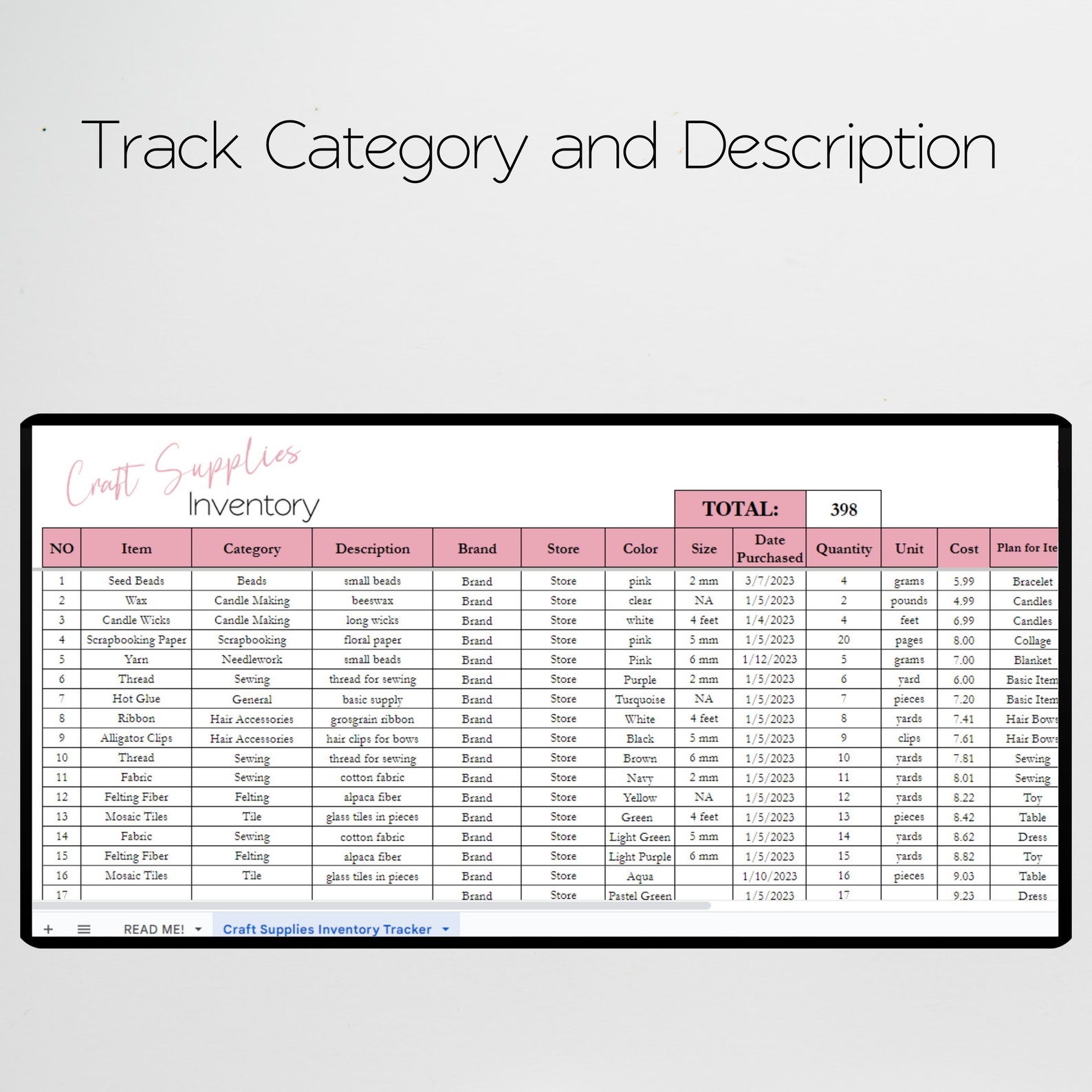 Craft Supplies Inventory Tracker Excel Spreadsheet Crafts Organization ...