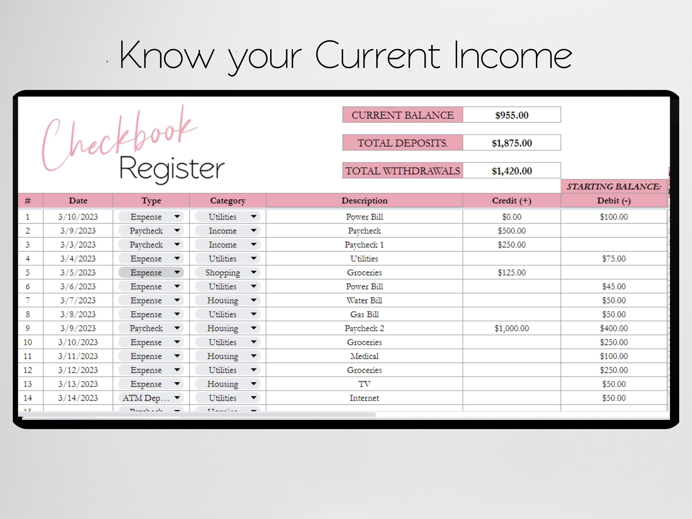 Checkbook Register Excel Spreadsheet, Check Book Register Google Sheets, Check Register Book ...