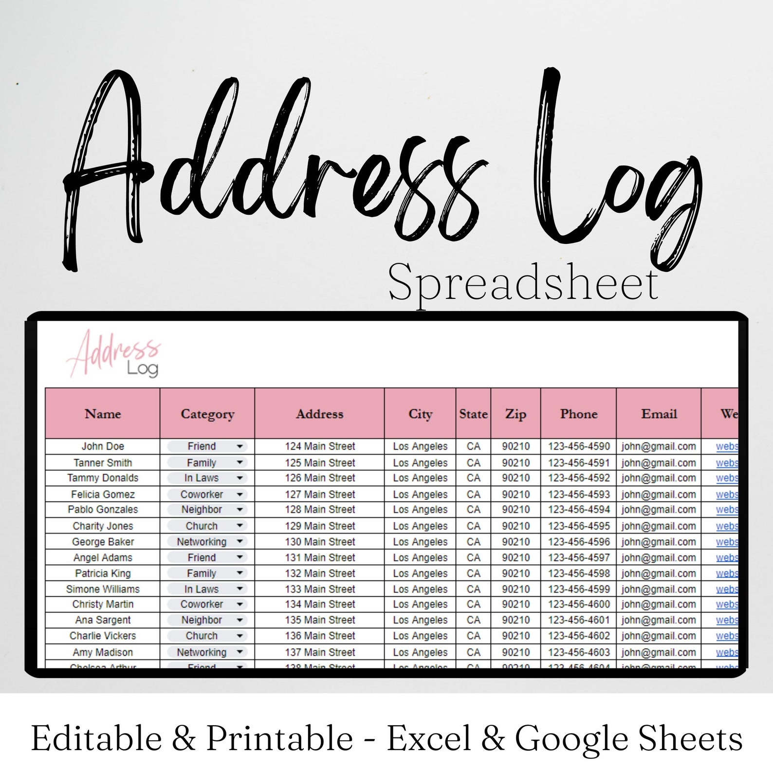 Address Tracker Template Excel Spreadsheet, Address Book, Address Log ...