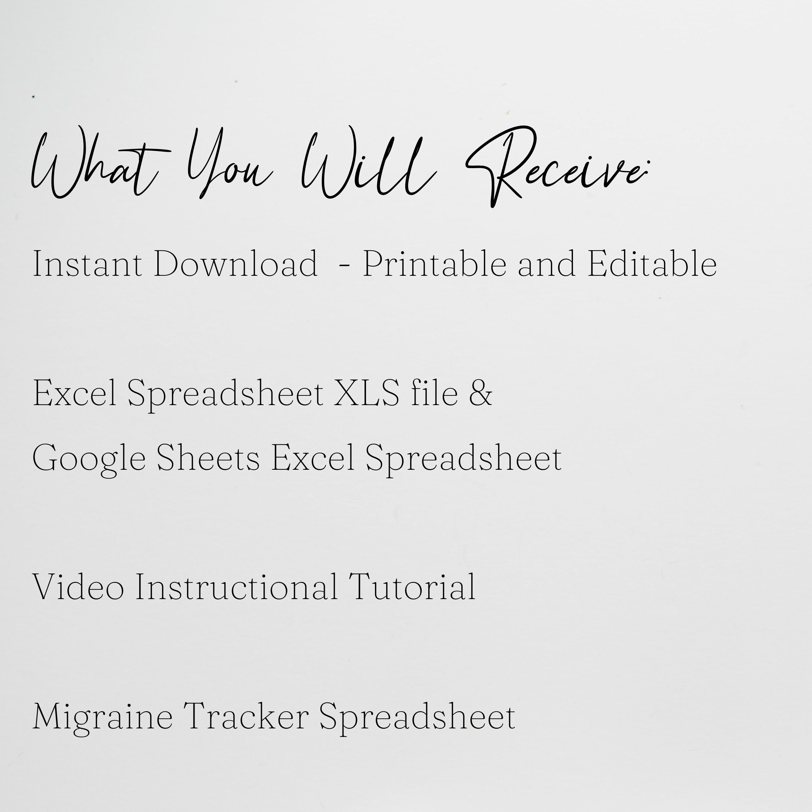 Migraine Tracker Excel Spreadsheet, Chronic Migraine Log Template ...