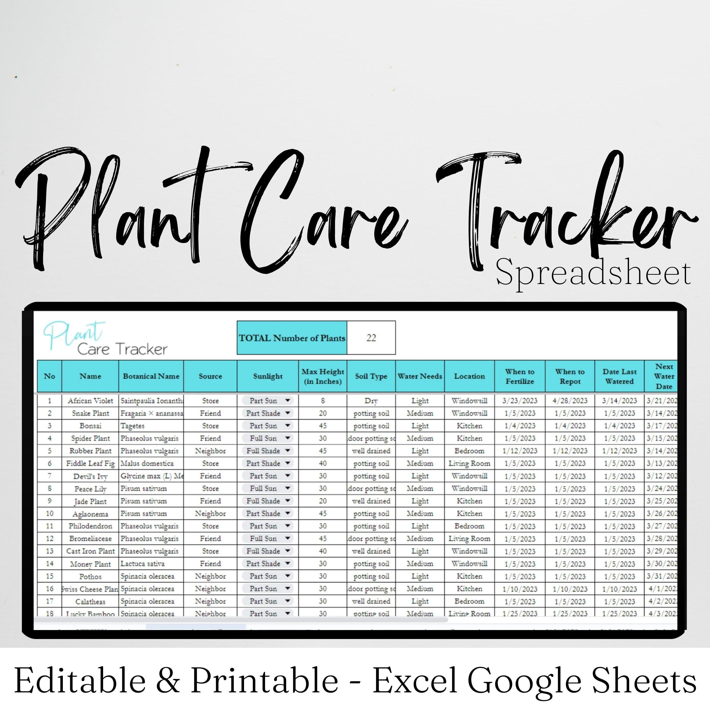 Plant Care Tracker Excel Spreadsheet, Houseplants Care, House Plant ...