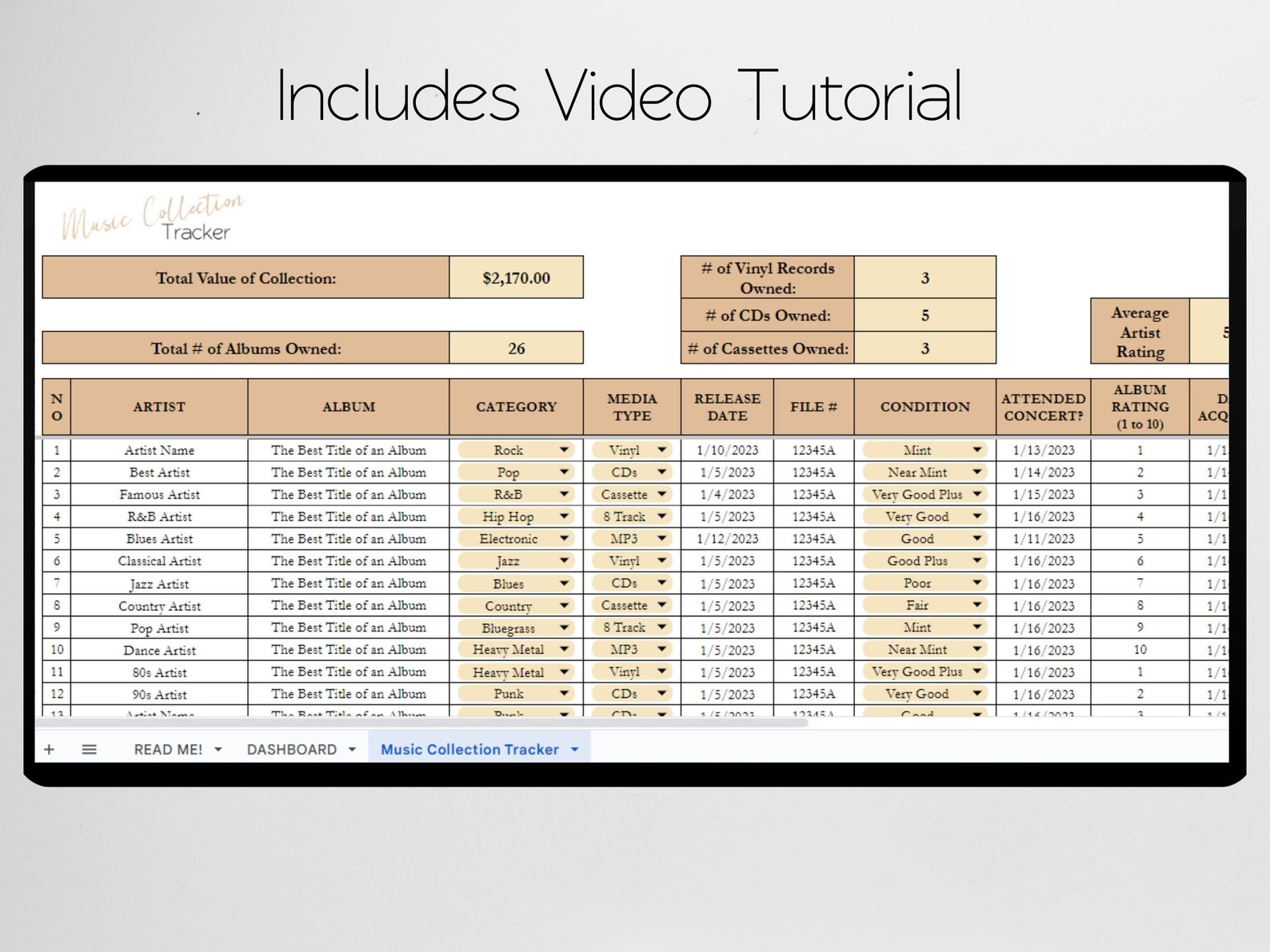 Music Collection Tracker Excel Spreadsheet, Music Tracker Google Sheets ...