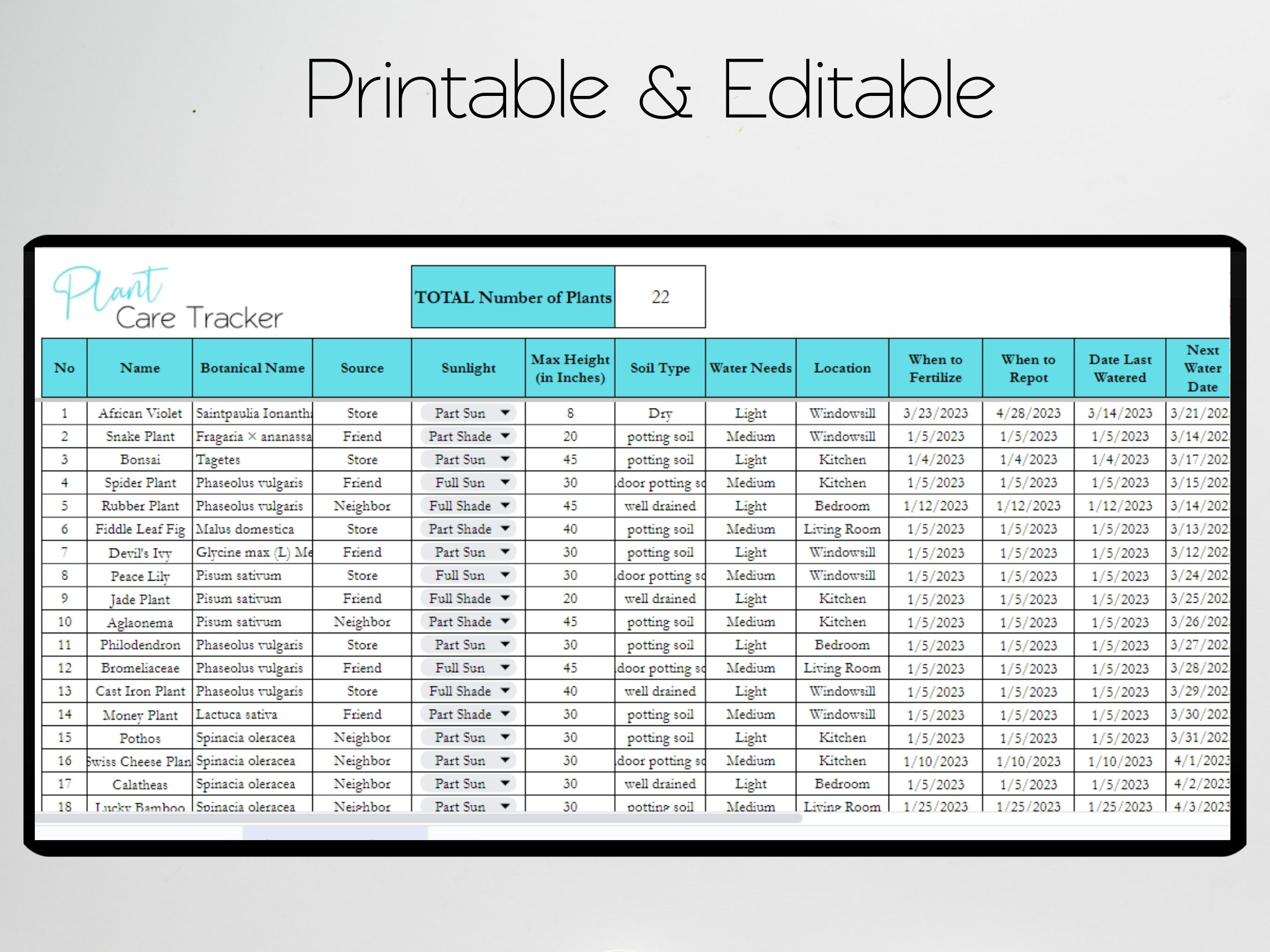 Plant Care Tracker Excel Spreadsheet, Houseplants Care, House Plant ...