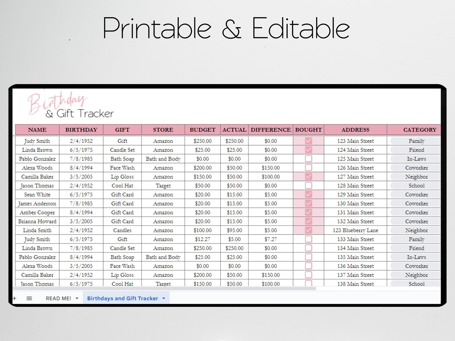 Birthday Tracker Template Excel Spreadsheet Birthday Gift - Etsy