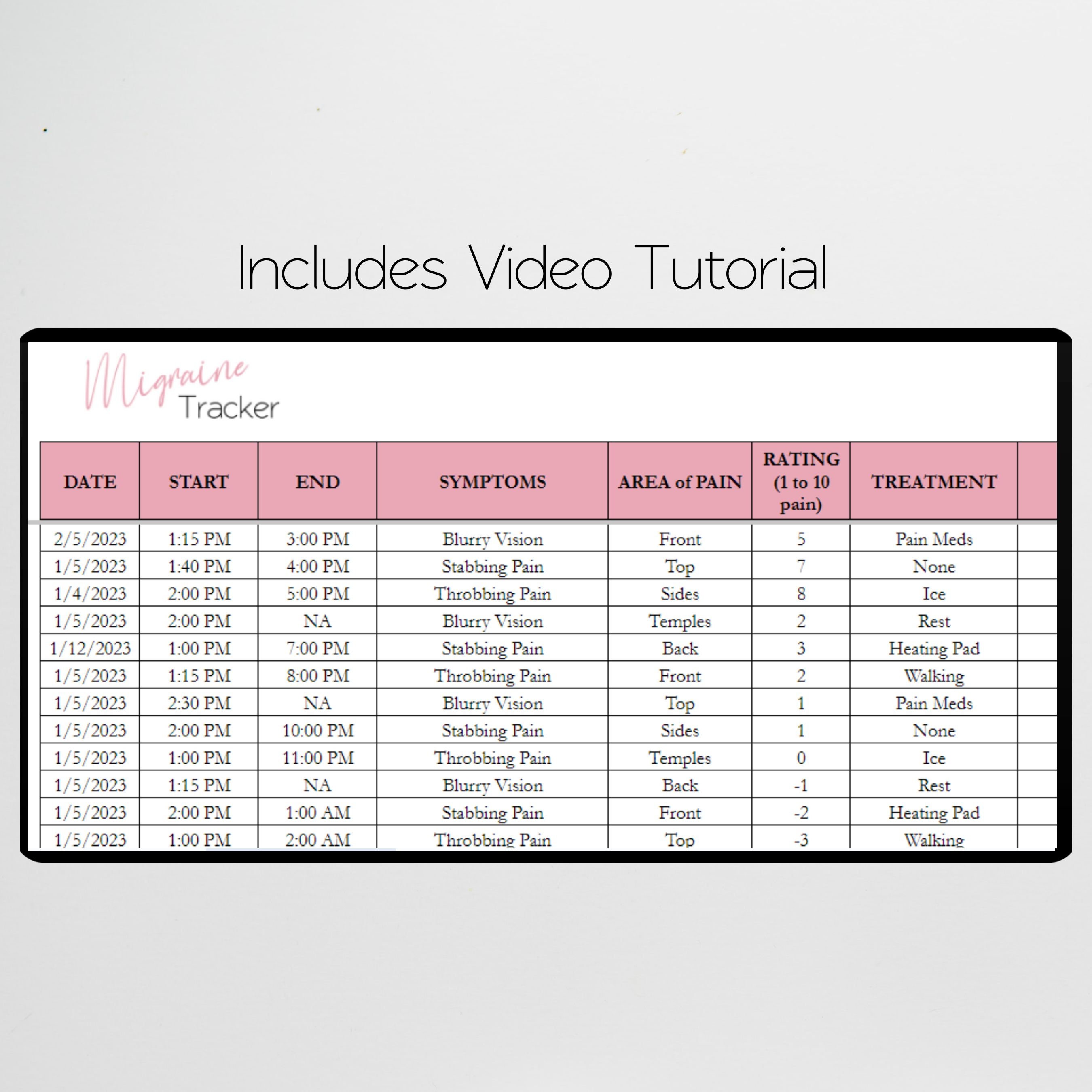 Migraine Tracker Excel Spreadsheet, Chronic Migraine Log Template ...