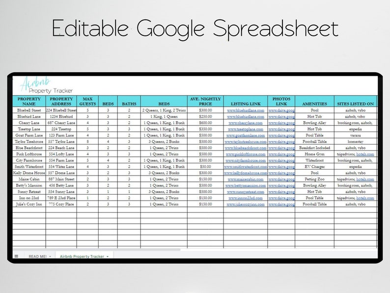 Property List Tracker for Short Term Rental Property Management, Rental ...