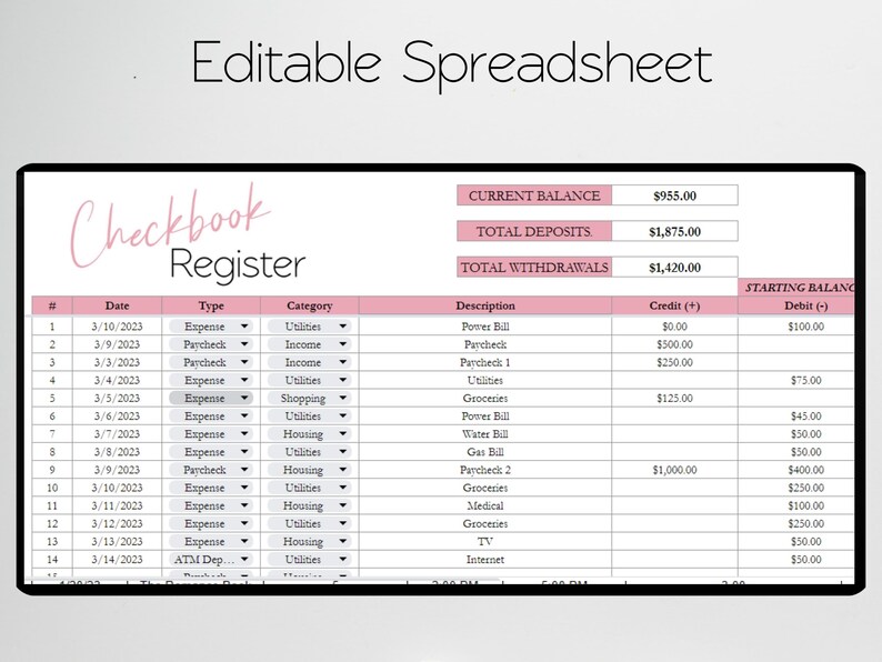 Checkbook Register Excel Spreadsheet, Check Book Register Google Sheets ...