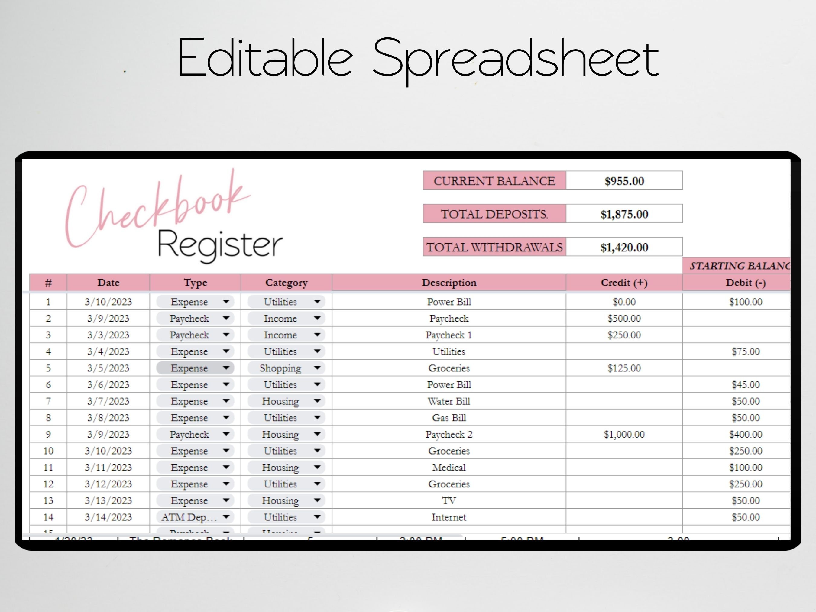 Checkbook Register Excel Spreadsheet Check Book Register - Etsy