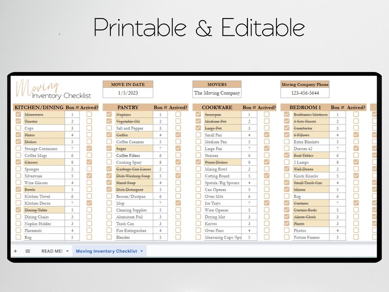 Moving Inventory List Excel Spreadsheet Moving Planner Google - Etsy