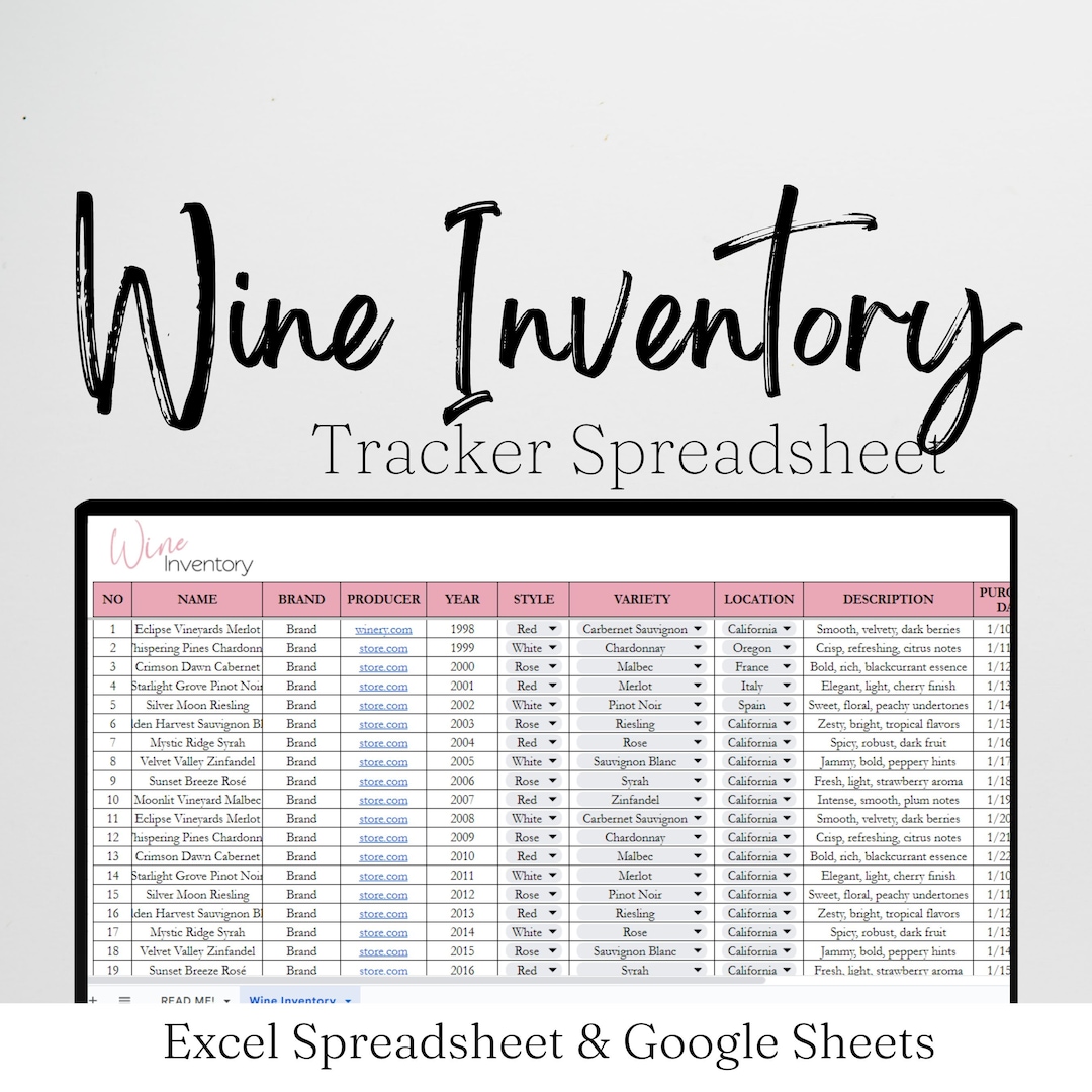 Wine Inventory Template, Wine Collection, Wine List, Inventory Tracker, Wine Lovers Google ...