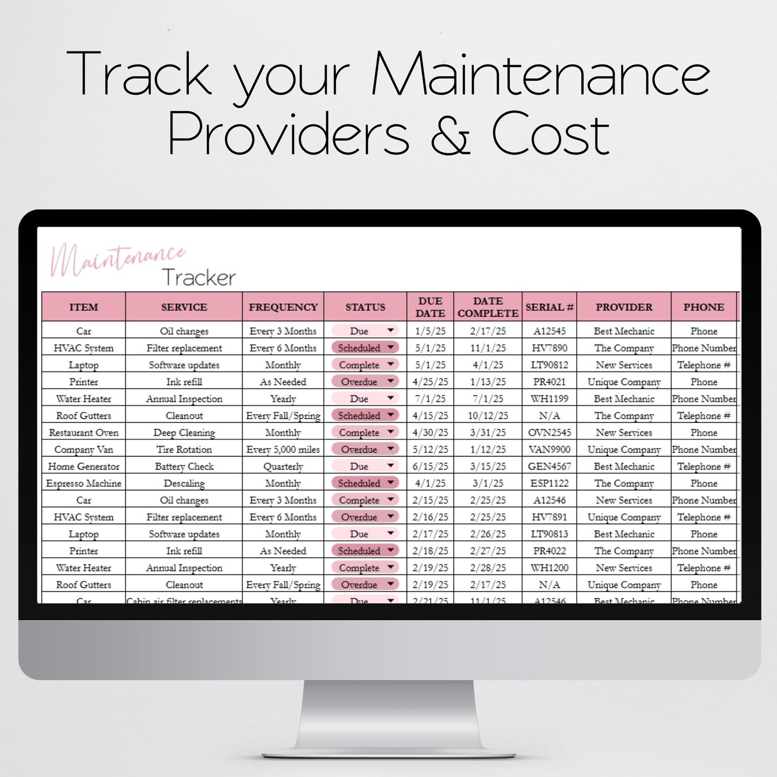 Maintenance Tracker Template, Service Schedule, Machine Maintenance ...