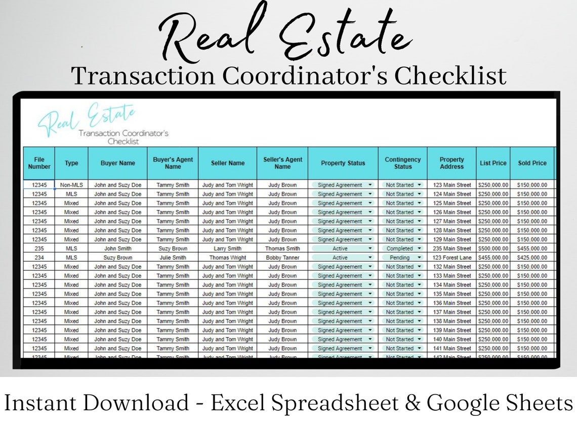 Realtor Transaction Checklist Real Estate Excel Spreadsheets - Etsy