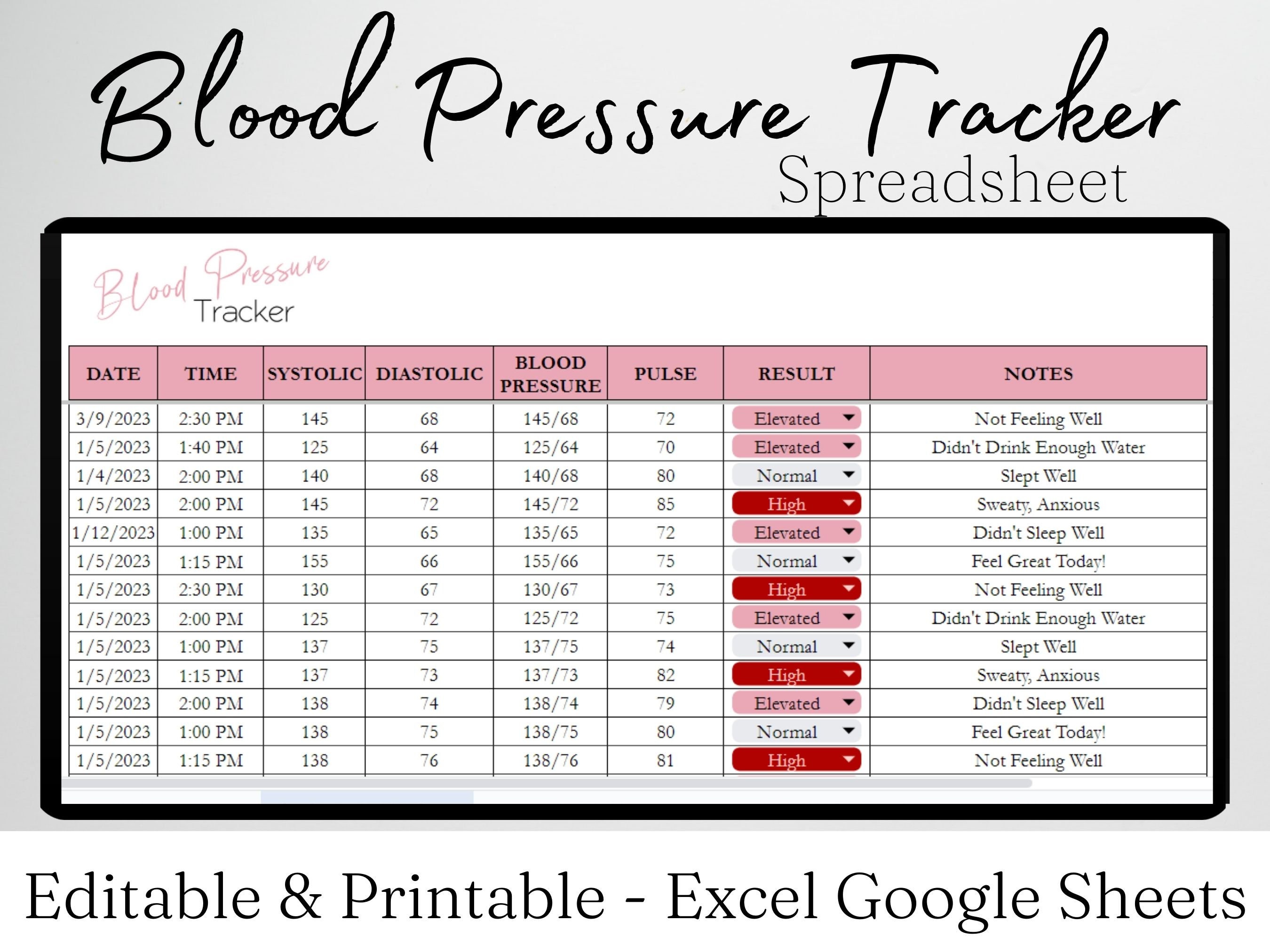 Blood Pressure Tracker Excel Spreadsheet, Blood Pressure Log Google ...