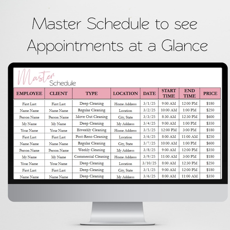 Cleaning Business Appointment Tracker, Client Appointment Template ...