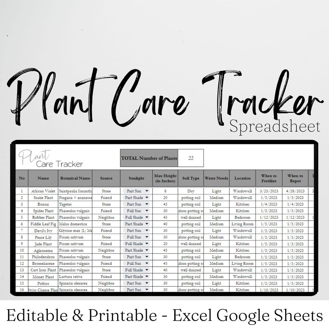 Plant Care Tracker Excel Spreadsheet, Houseplants Care, House Plant ...