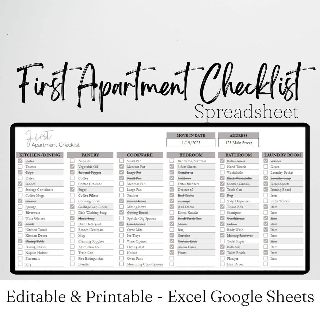 New Apartment Checklist Planner Template Excel Spreadsheet, First ...