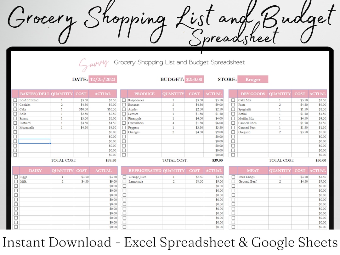 Grocery Budget Spreadsheet, Grocery Shopping List Template Groceries ...