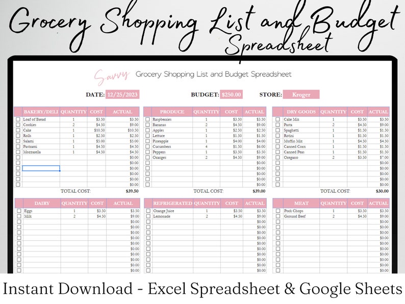 Grocery Budget Spreadsheet Grocery Shopping List Template - Etsy