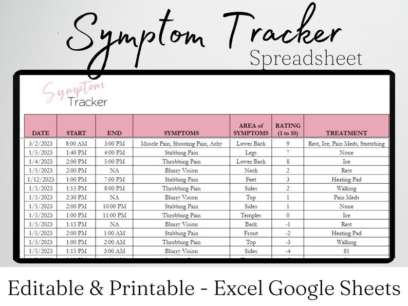 Symptom Tracker Excel Spreadsheet, Symptom Journal, Health Tracker ...