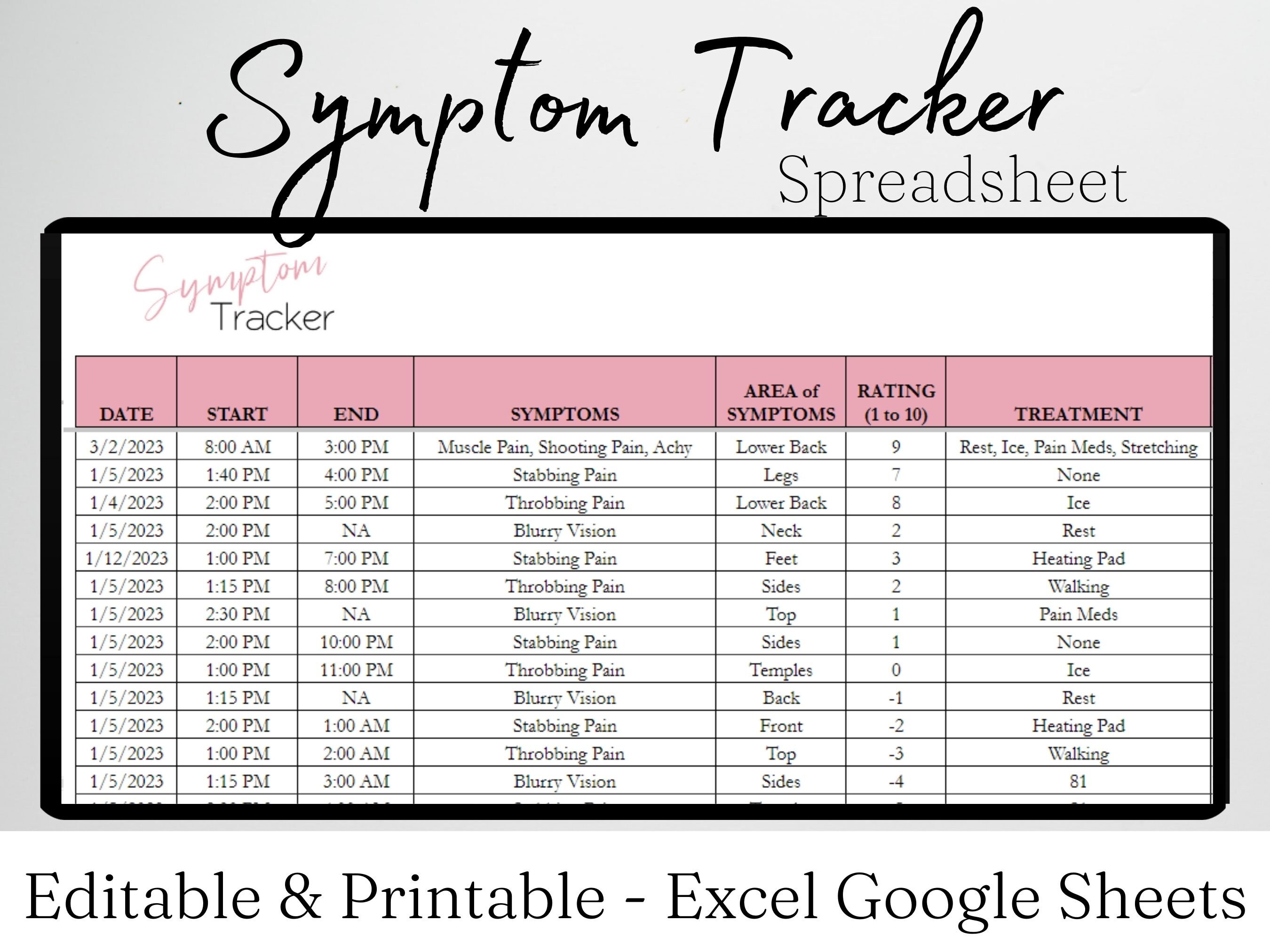 Symptom Tracker Excel Spreadsheet, Symptom Journal, Health Tracker ...