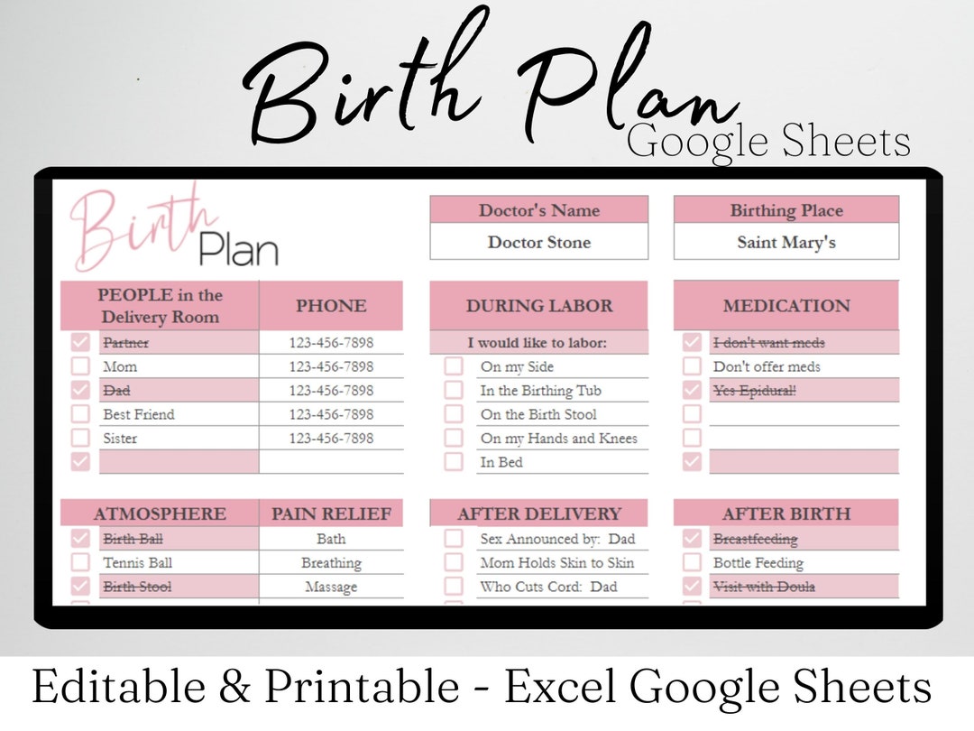 Birth Plan Template Google Sheets, Natural Birthing Plan, Labor and ...