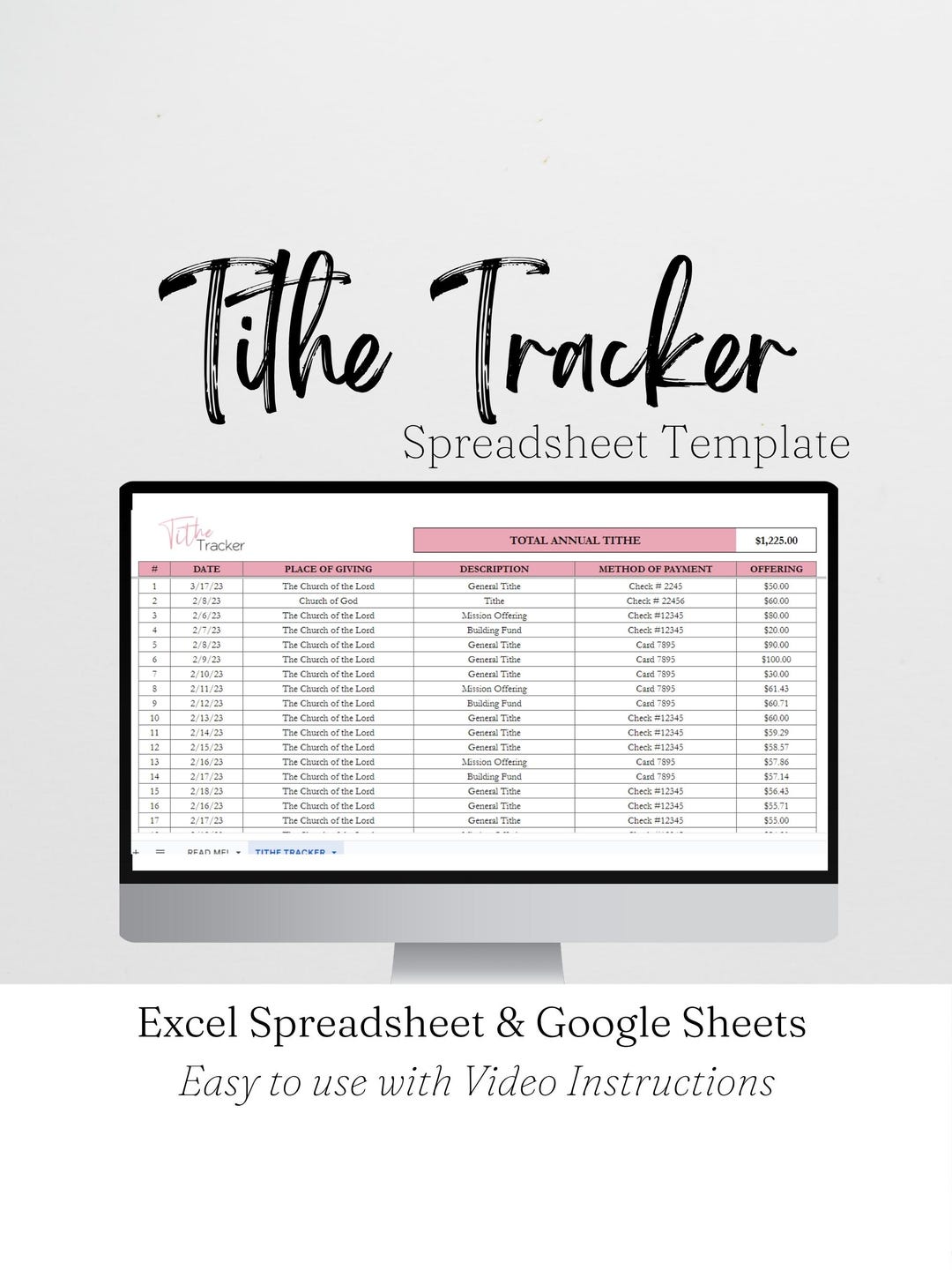 Tithe Tracker Excel Spreadsheet, Tithes and Offerings Tracking, Church ...