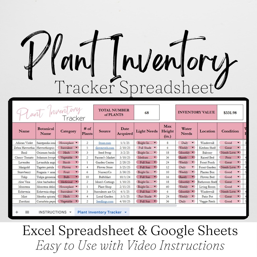 Plant Inventory Tracker Spreadsheet Template, Plant Journal, House ...