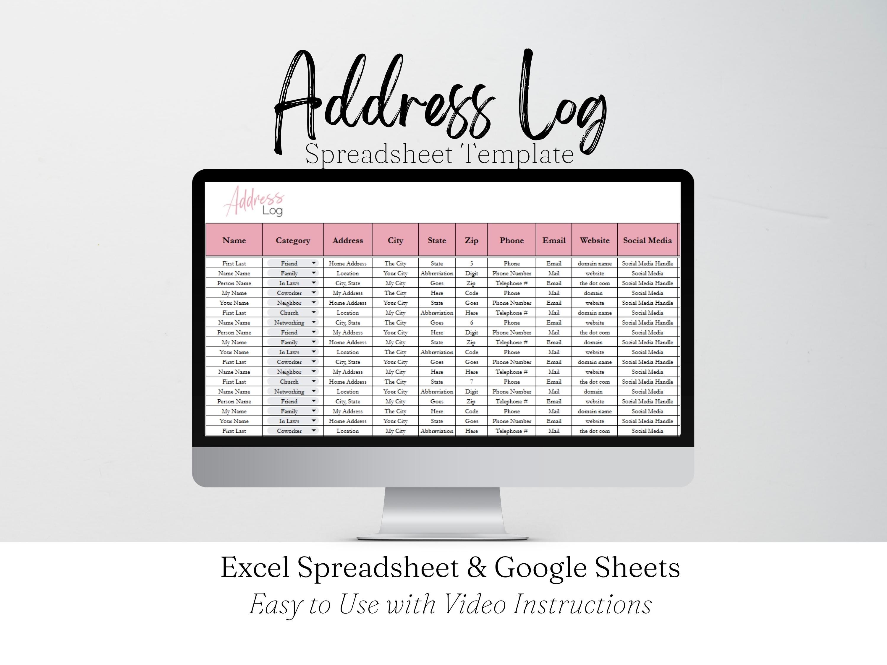 Address Tracker Template Excel Spreadsheet, Address Book, Address Log ...