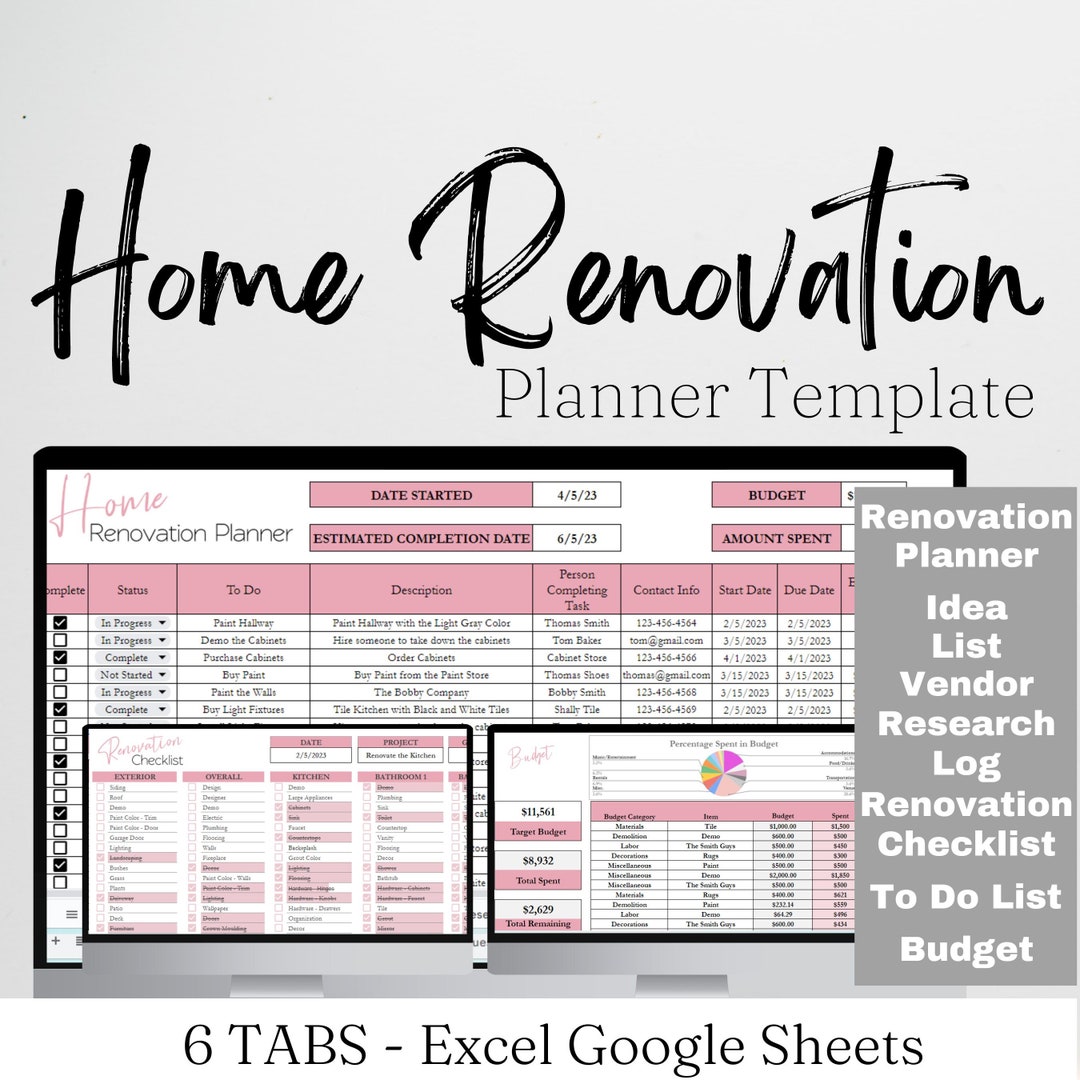 Home Renovation Planner Excel Spreadsheet, Home Improvement, Home ...