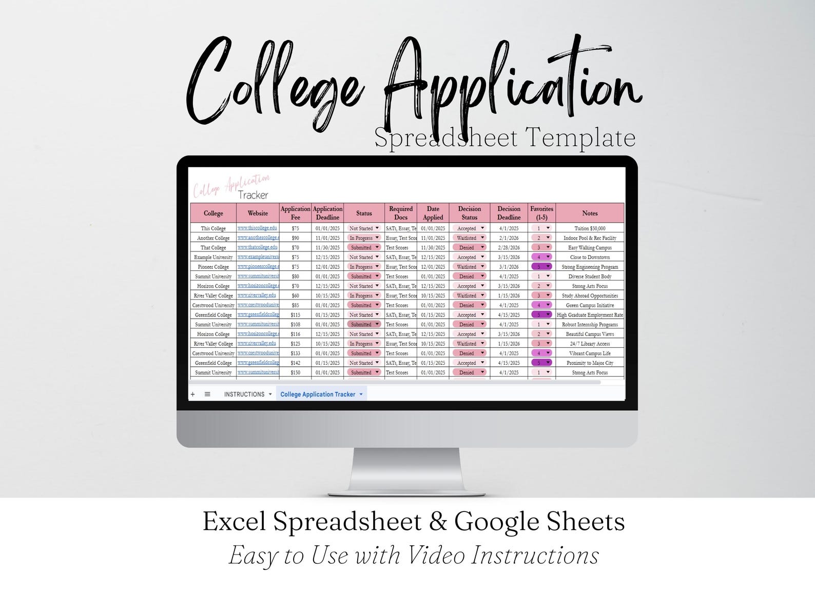 College Application Tracker Google Sheet, College Planning Spreadsheet ...