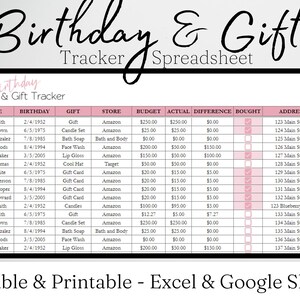 Birthday Tracker Template Excel Spreadsheet, Birthday Gift Tracker ...