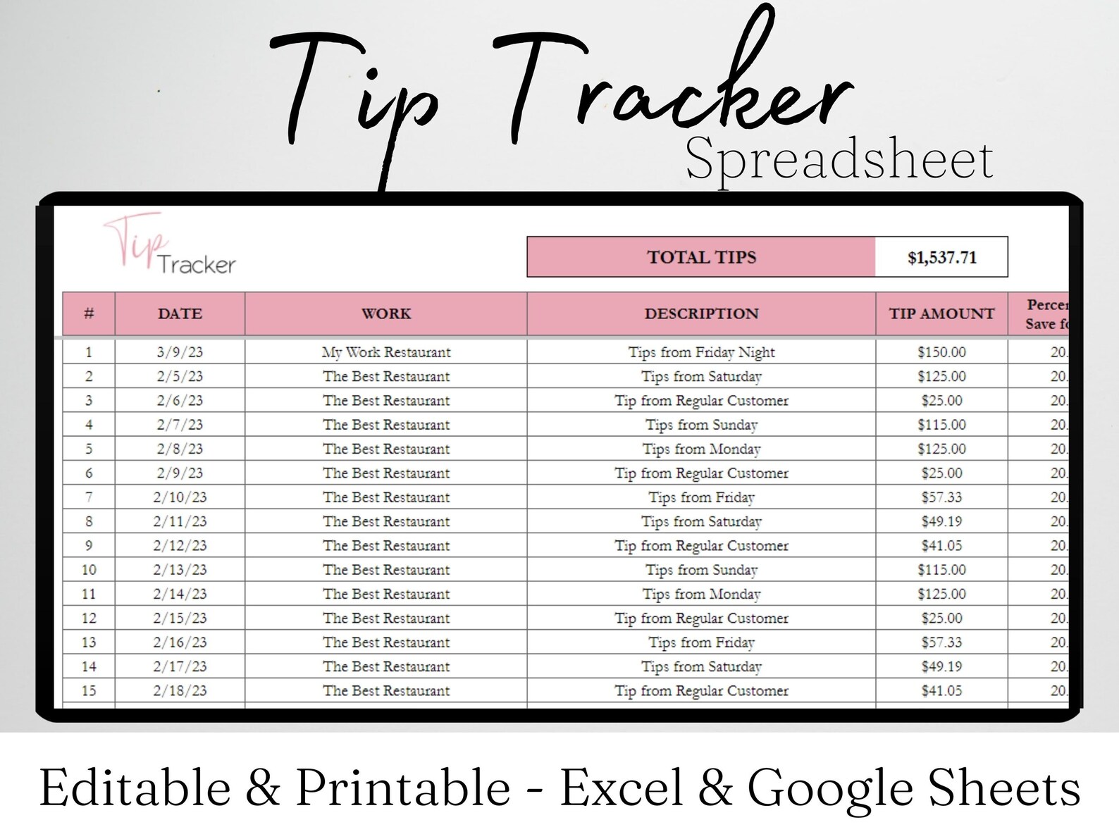 Tip Tracker Excel Spreadsheet, Tips Tracker, Tip Shift Tracker, Server ...