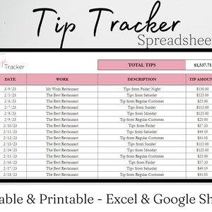 Tip Tracker Excel Spreadsheet, Tips Tracker, Tip Shift Tracker, Server Tip Tracker, Tip Log ...