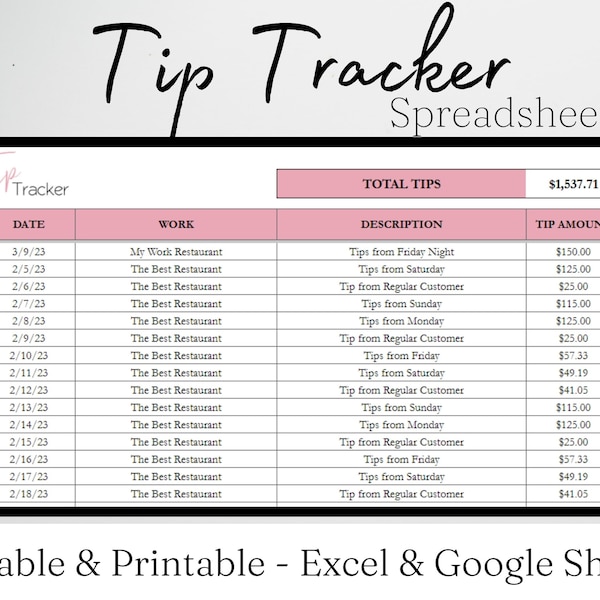 Track Tips and Gratuities Spreadsheet - Etsy