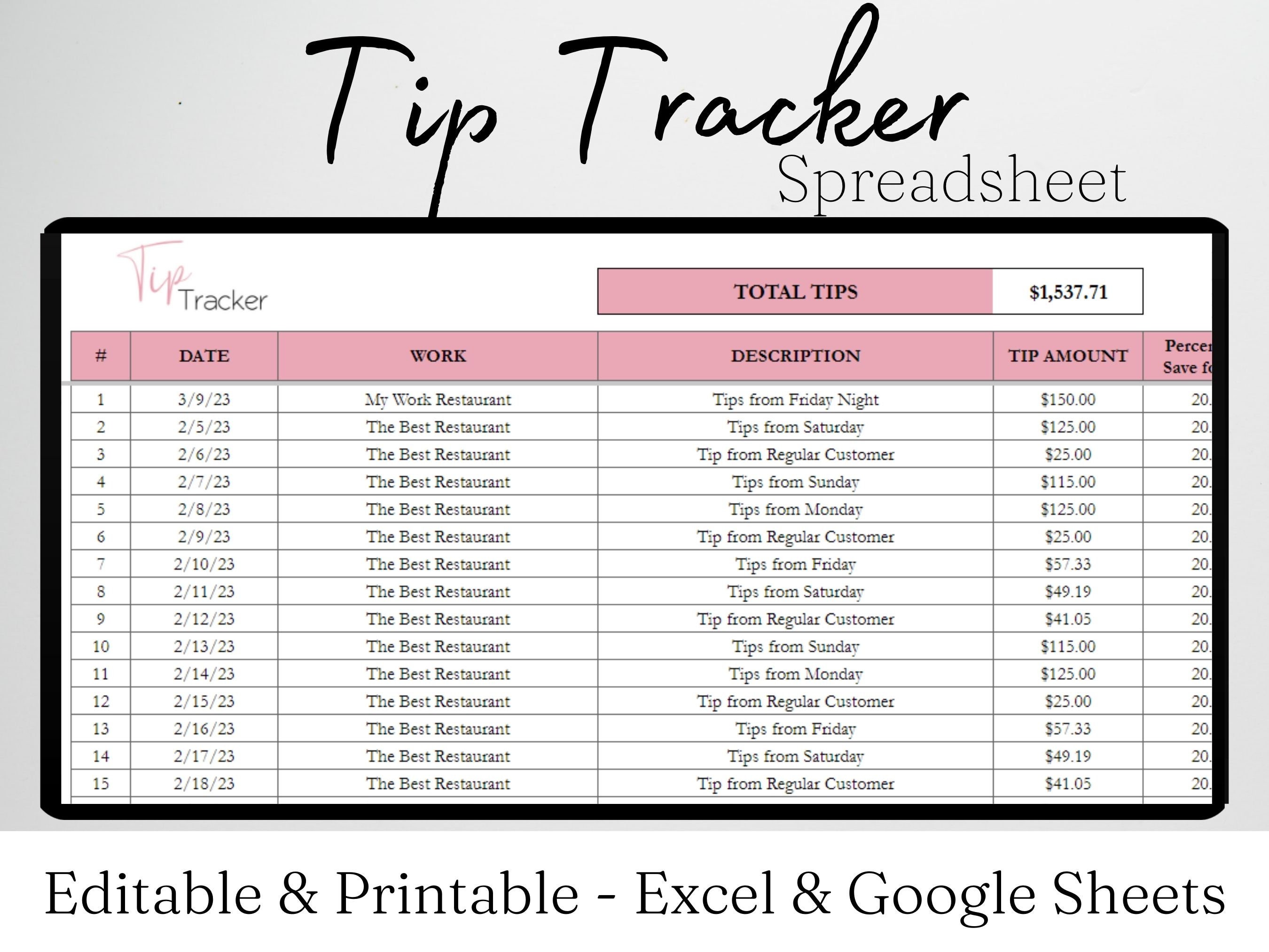 Tip Tracker Excel Spreadsheet, Tips Tracker, Tip Shift Tracker, Server ...
