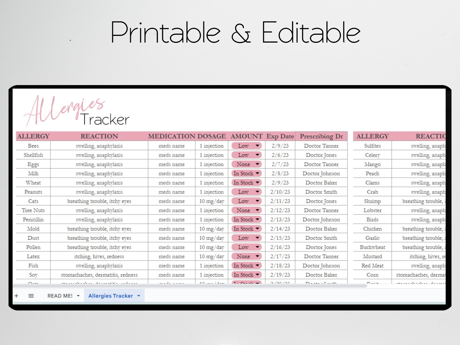 Allergy Tracker Template Excel Spreadsheet Allergy List - Etsy