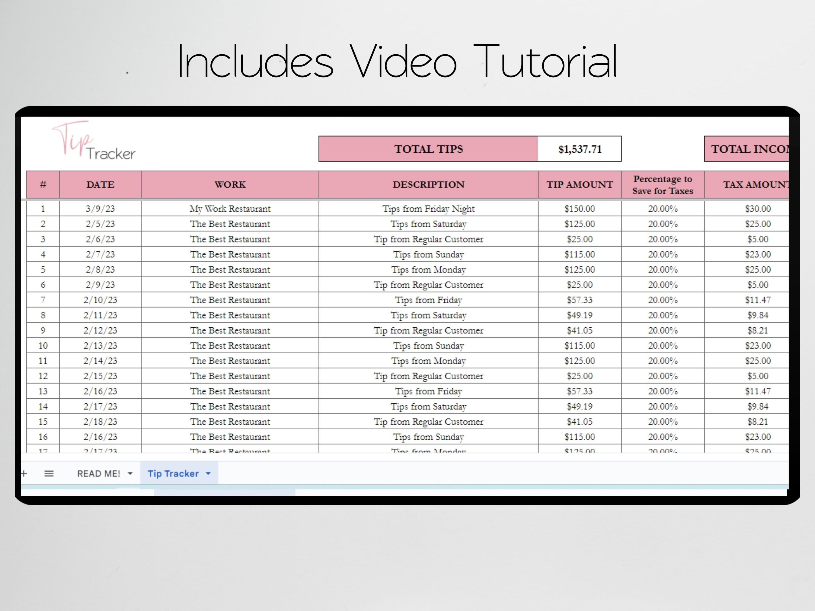 Tip Tracker Excel Spreadsheet, Tips Tracker, Tip Shift Tracker, Server ...