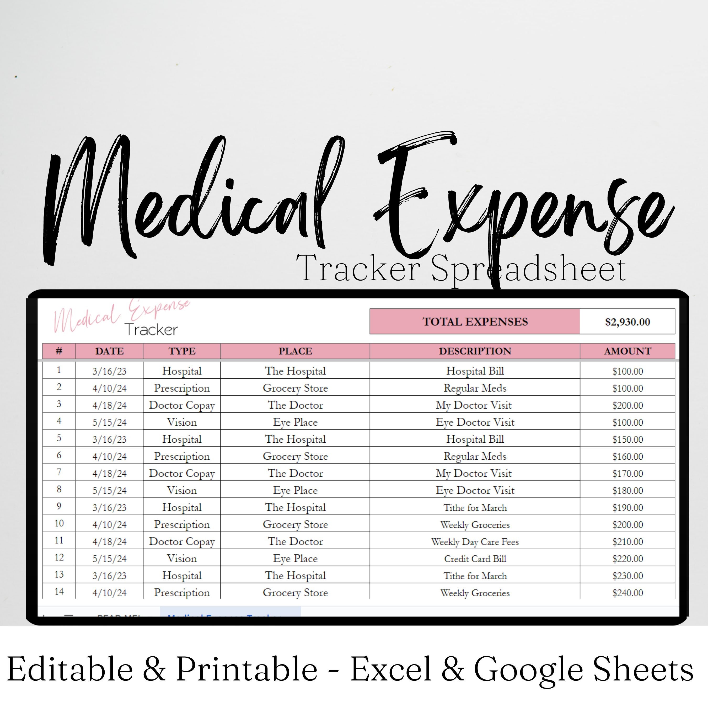 Medical Expense Tracker, Tax Deductions Tracking Sheet, HSA Tracker FSA, Medical Spreadsheet ...